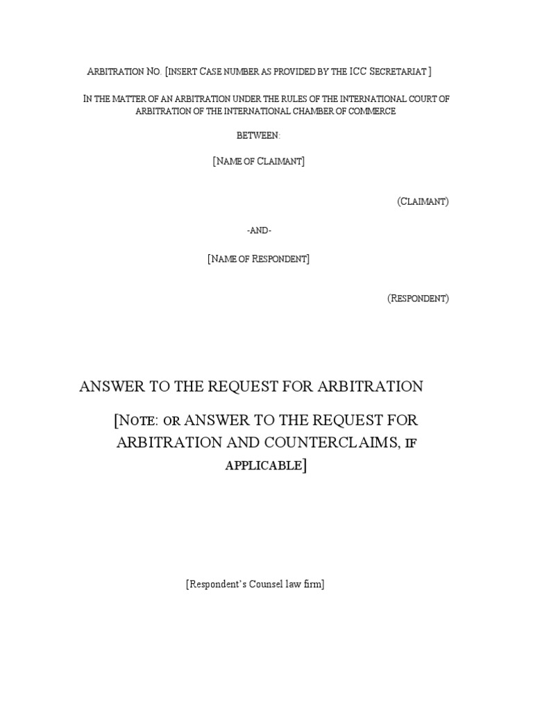 ICC Arbitration Response Template | PDF | Arbitral Tribunal | Arbitration