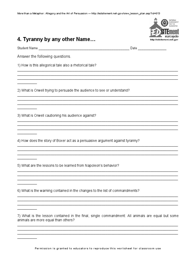 Animal Farm - Worksheet 4 - Tyranny by Any Other Name | PDF ...