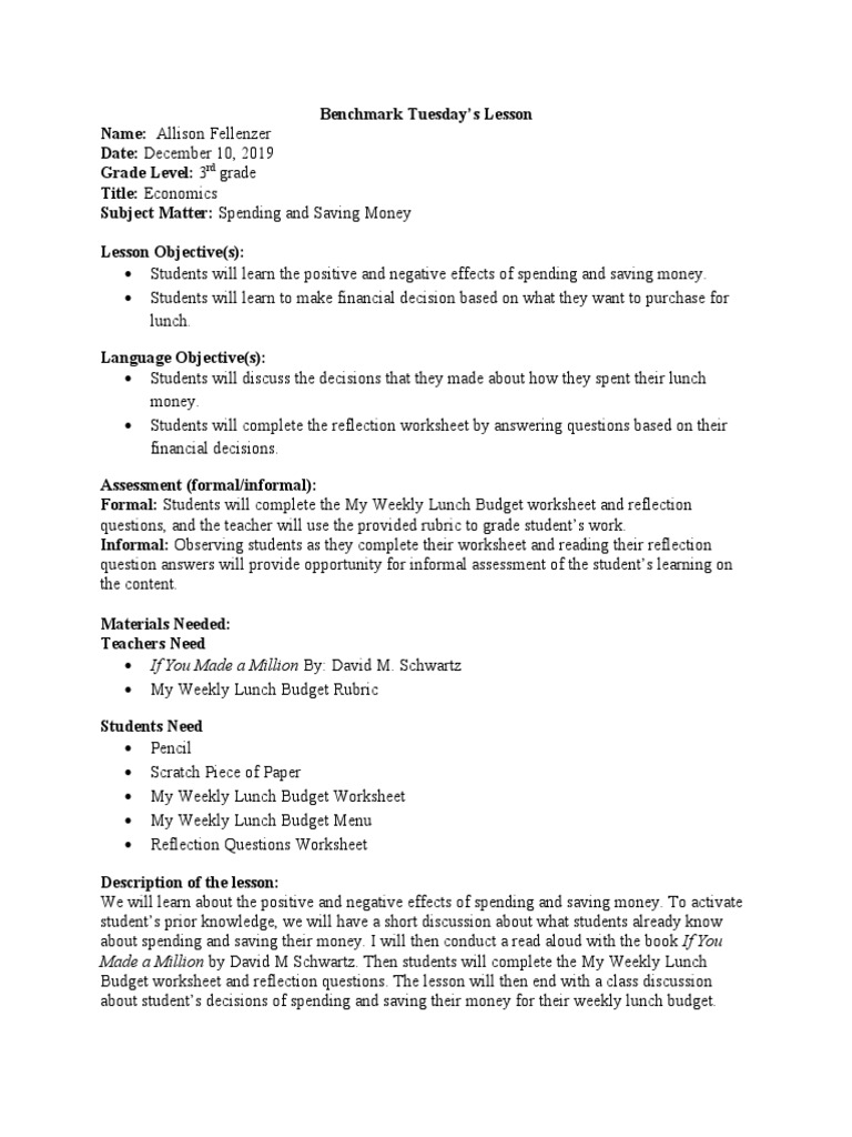 Benchmark Lesson Plan | PDF | Worksheet | Educational Assessment
