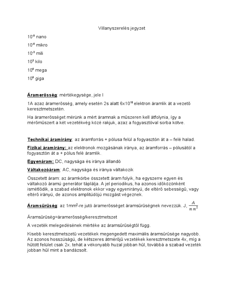 Villanyszerelés Jegyzet 1. | PDF