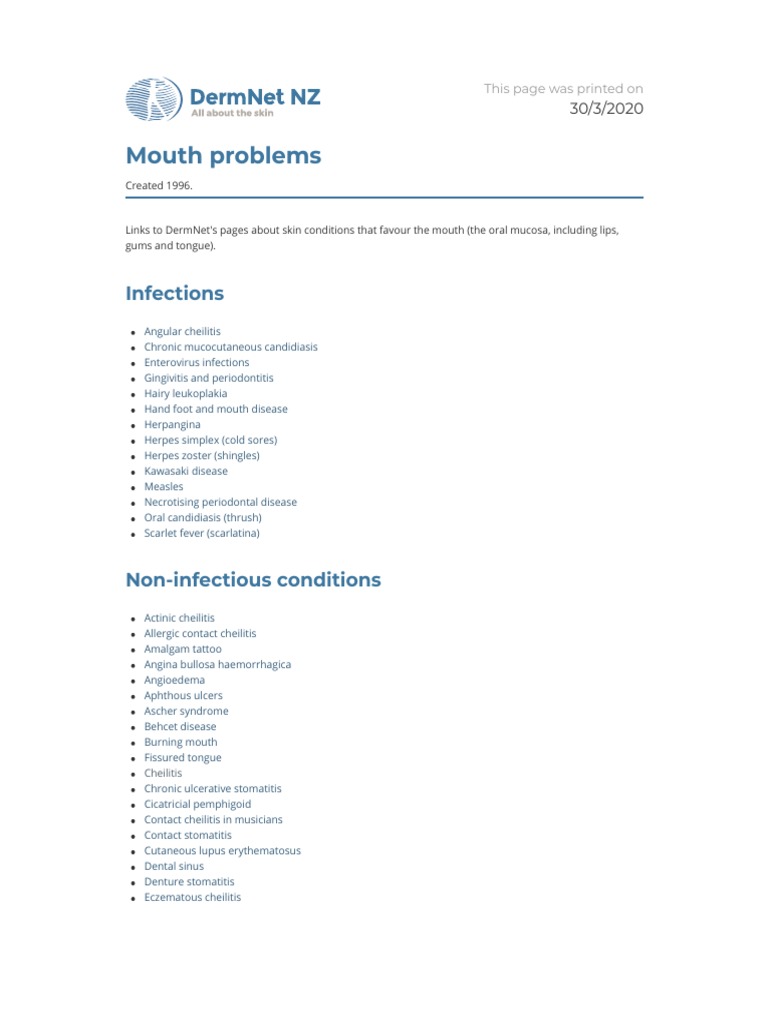 Mouth Problems - DermNet NZ | PDF | Immunology | Diseases And Disorders