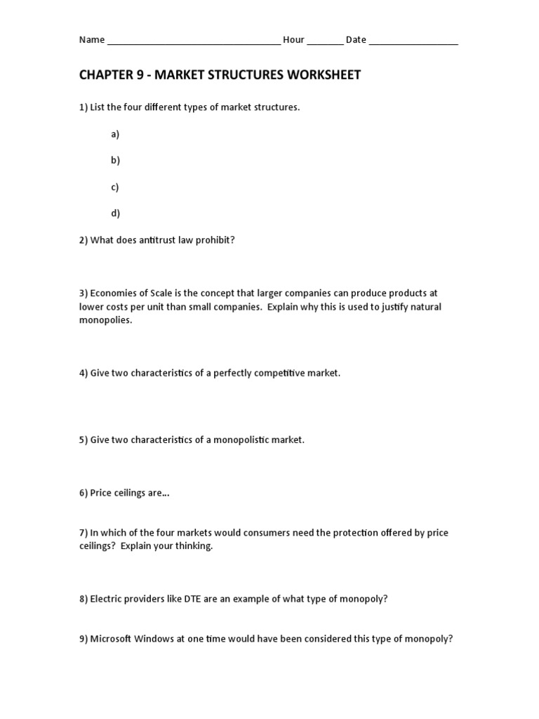 Market Structures Worksheet Overview | PDF