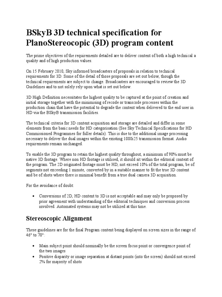 BSkyB 3D Content Technical Guidelines | PDF | Stereoscopy | Data ...