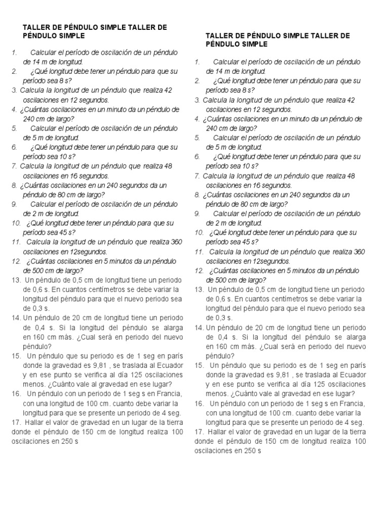 Taller de Péndulo Simple | PDF | Péndulo | Almacen de energia