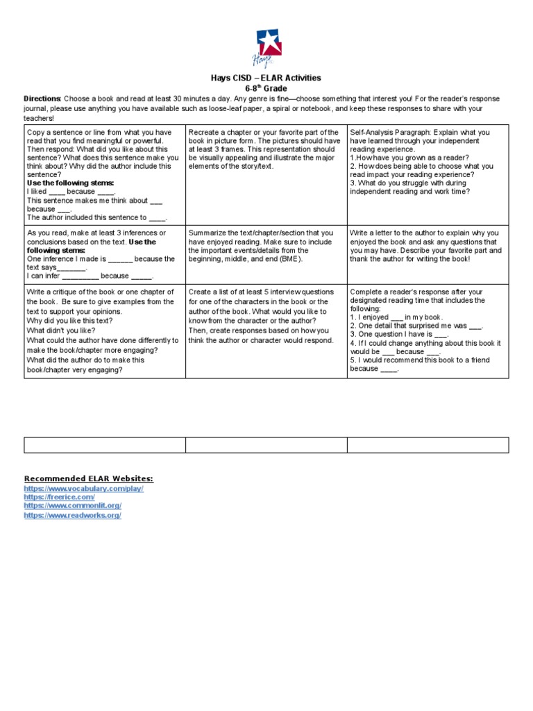 6-8 Ela Choice Board Activities | PDF | Books