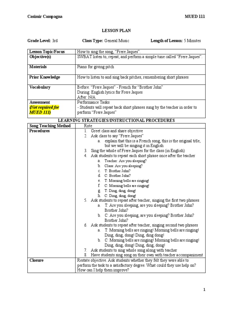 Song Teaching Rote Lesson Plan 1 | PDF | Lesson Plan | Teachers