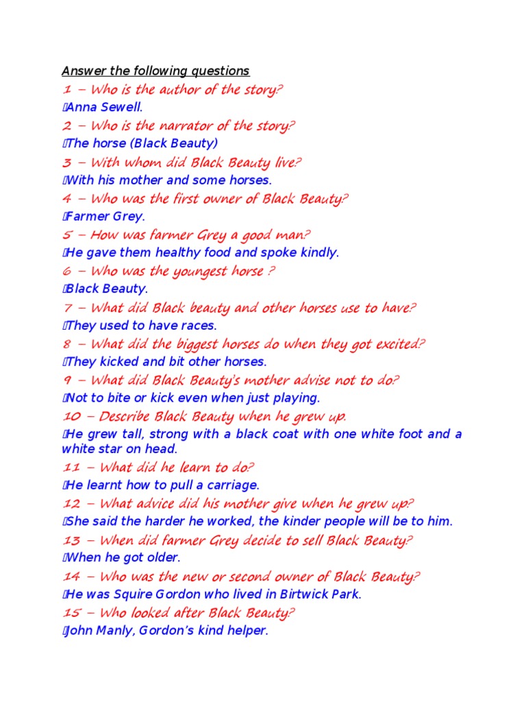 Black Beauty Comprehension Guide | PDF | Black Beauty