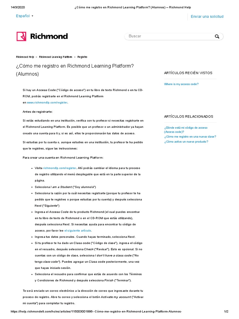 ¿Cómo Me Registro en Richmond Learning Platform - (Alumnos) - Richmond Help | PDF | Informática ...