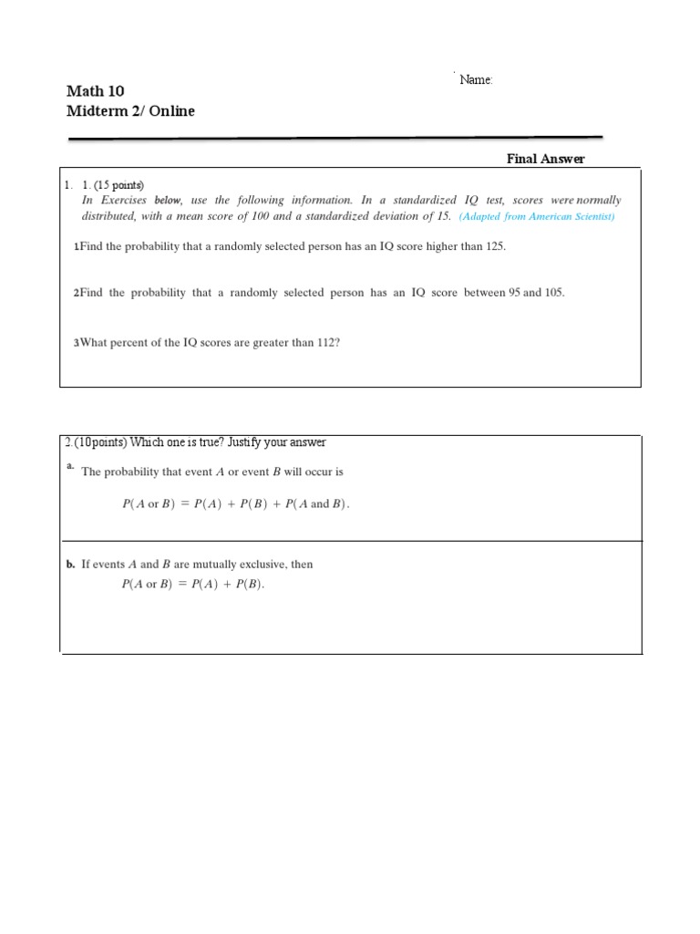 Math 10 Midterm 2 Online Pdf Pdf Probability Distribution