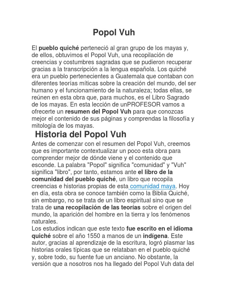 Resumen Popol Vuh | PDF | Religión y creencia | Textos Religiosos