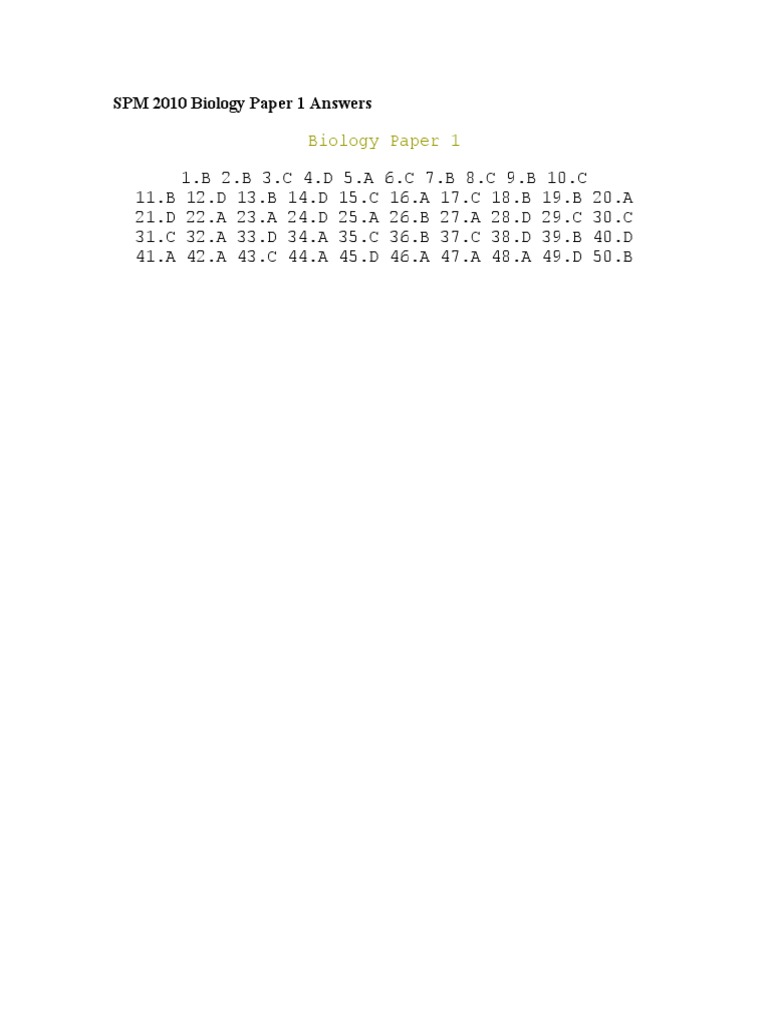 SPM 2010 Biology Paper 1 Answers | PDF | Science & Mathematics
