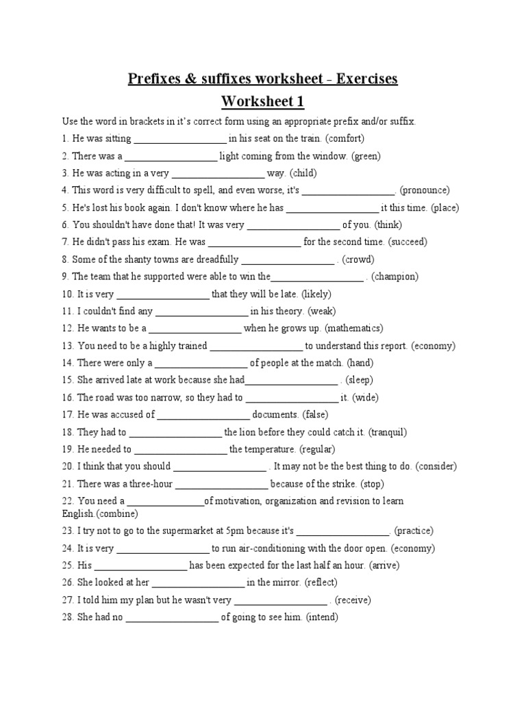 Prefixes & suffixes worksheet exercises | PDF