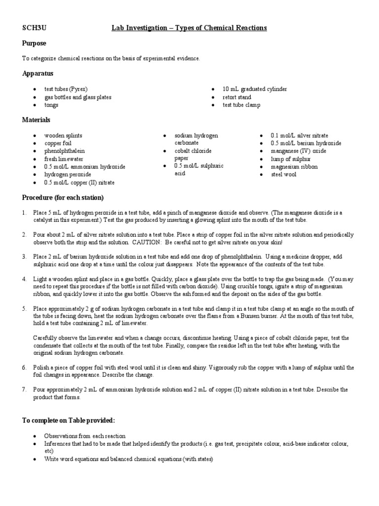 Types of Chemical Reactions Lab | PDF | Hydroxide | Oxide