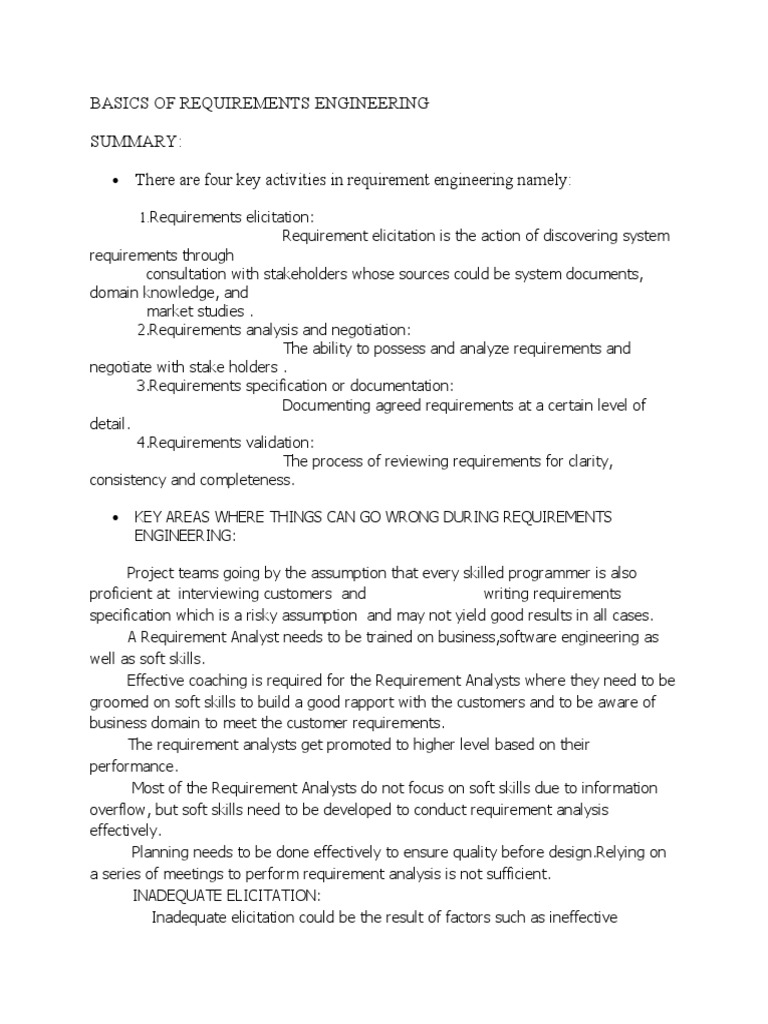 Basics of Requirements Engineering Summary: There Are Four Key ...
