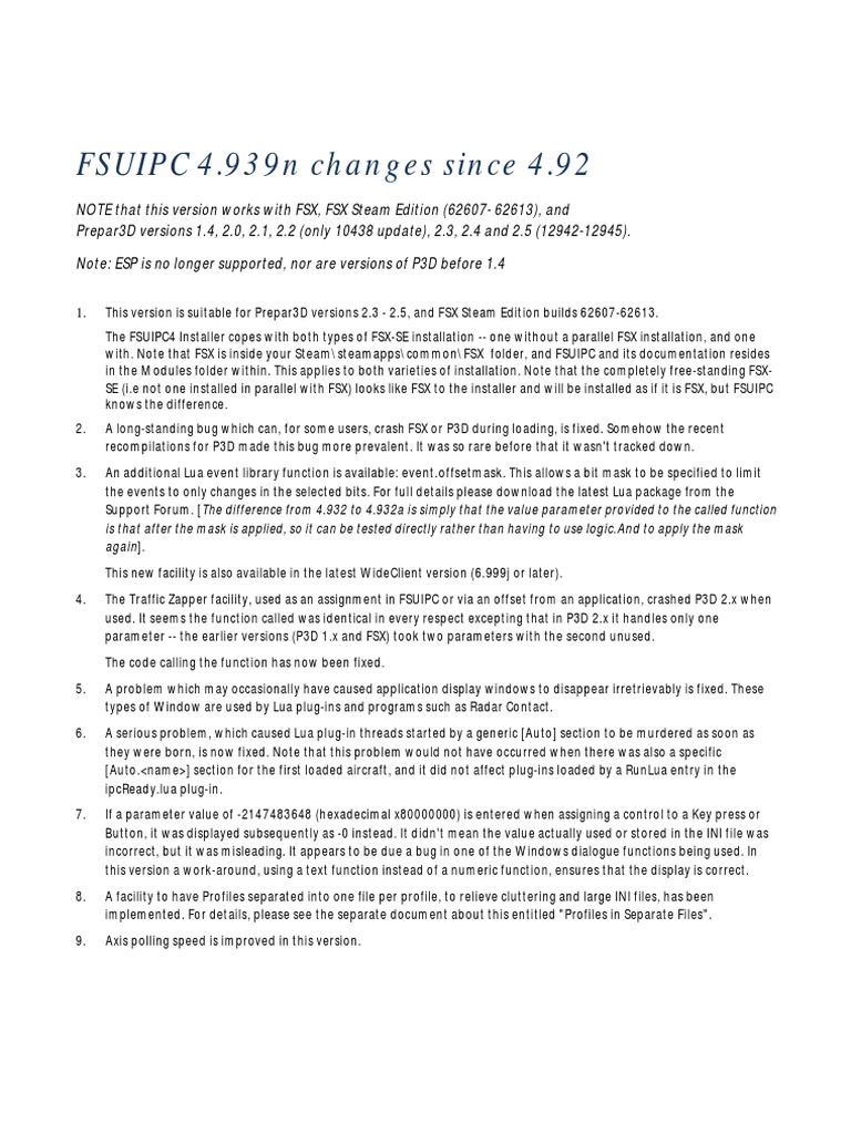 FSUIPC 4.939n Changes | PDF | Parameter (Computer Programming) | Computer Architecture