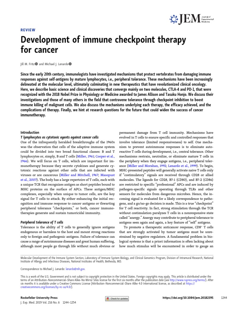 Development of Immune Checkpoint Therapy For Cancer | PDF | T Cell ...