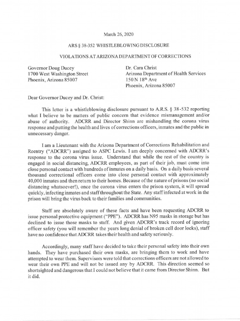 Arizona Prison Officer Personal Protective Equipment Whistleblower ...