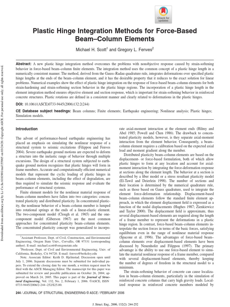 Plastic Hinge Integration Methods For Force-Based Beam-Column Elements | PDF | Integral ...