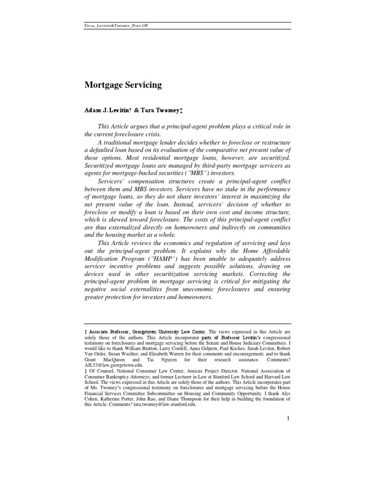 Adam Levitin and Tara Twomey White Paper On Mortgage Servicing | PDF ...