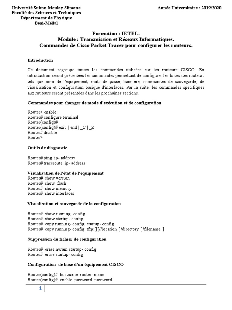 TP Transmission Reseaux Commandes de Cisco Packet Tracer Configuration ...