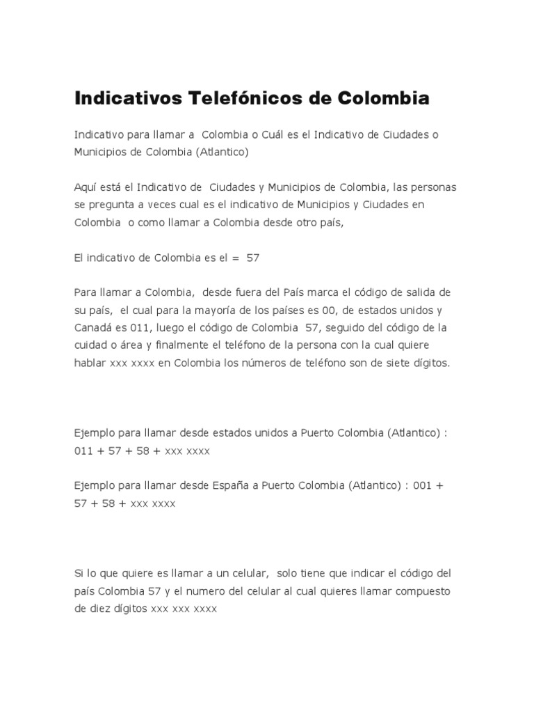 Indicativos Telefónicos de Colombia | PDF | Colombia | Bogotá