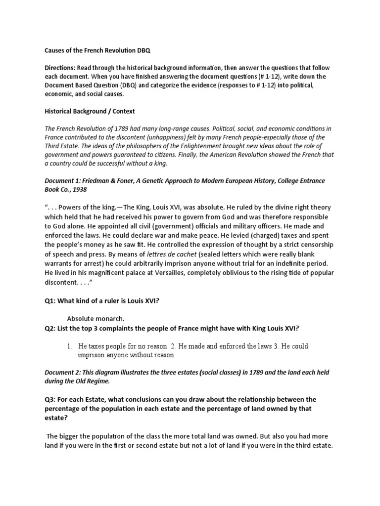 Causes of The French Revolution DBQ | PDF | Government | Social ...