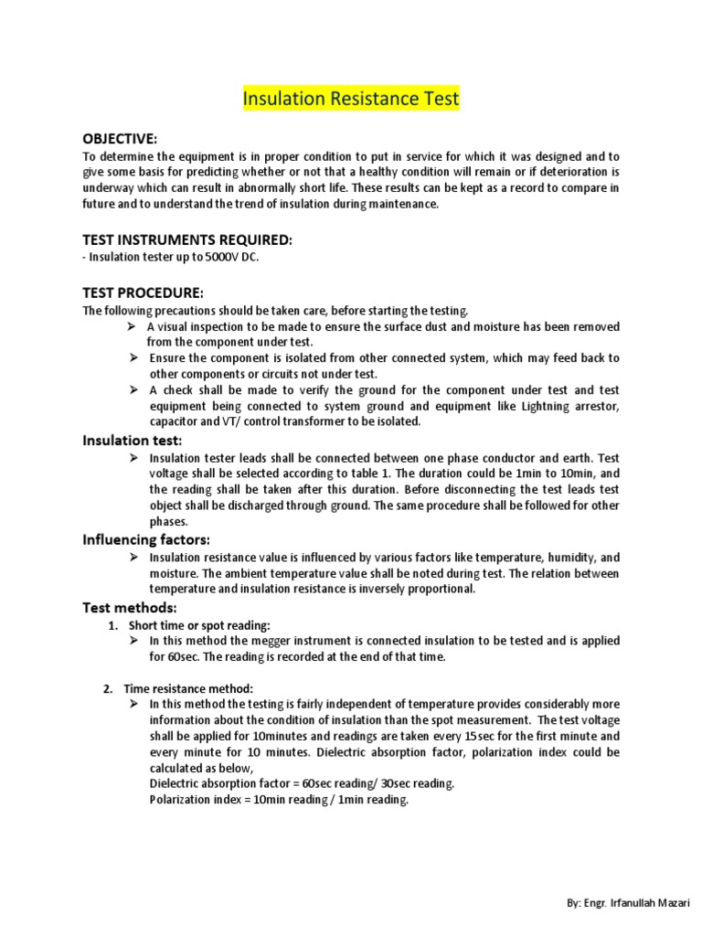 Insulation Resistance Testing Guide | PDF | Electrical Resistance And ...