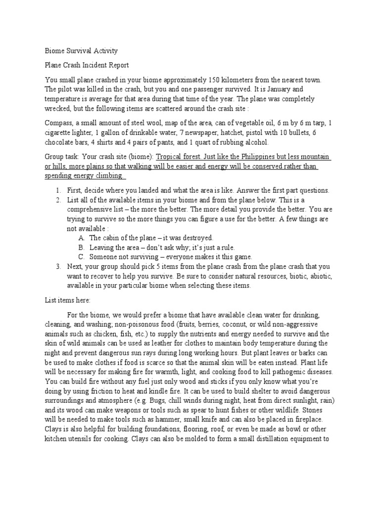 Plane Crash Survival Activity in Tropical Forest | PDF | Tools | Water