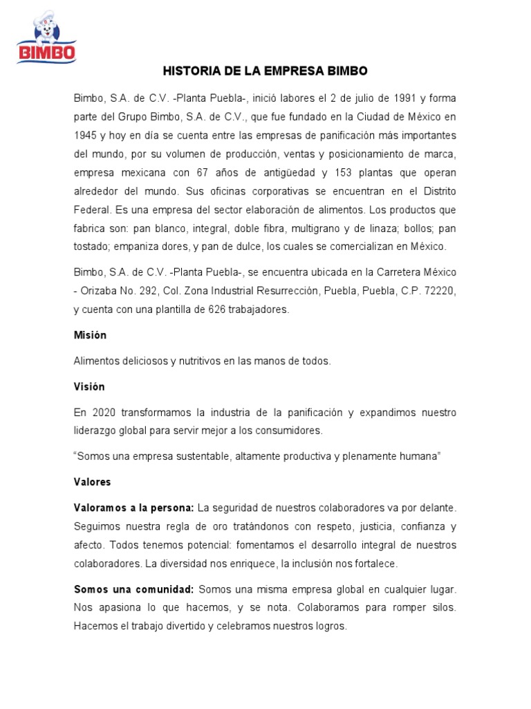 HISTORIA DE LA EMPRESA BIMBO Puebla | PDF | México | Panes