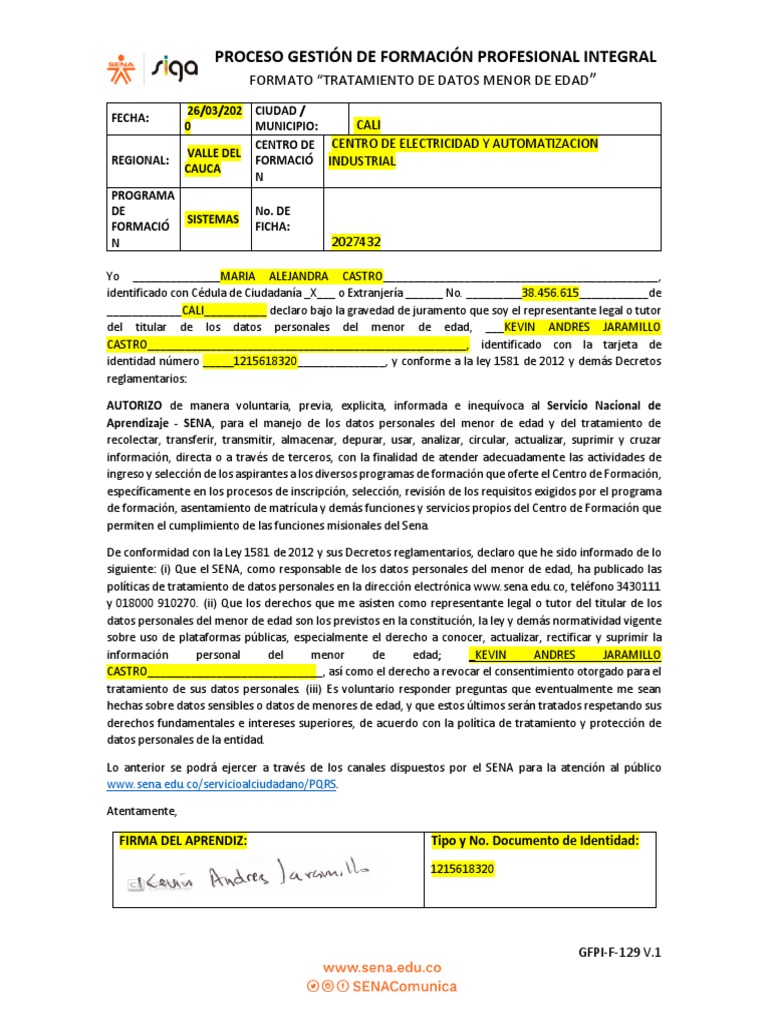Ejemplo Diligenciar Formato de Tratamiento de Datos PDF | PDF | Gobierno | Business