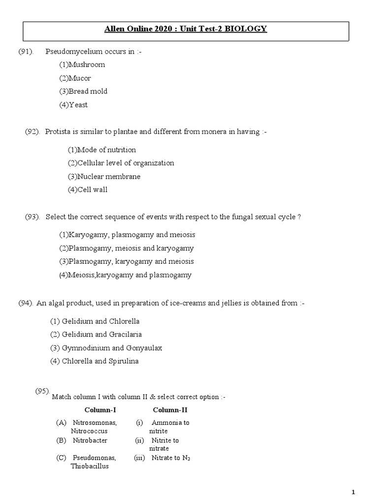 Biology - Unit 02 - Allen OnlineQuestions | PDF | Spore | Plants