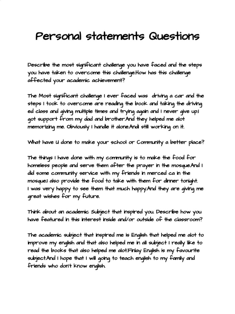 Personal Statements Questions | PDF