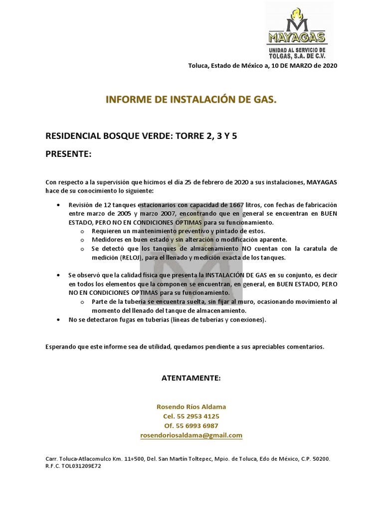 Informe Instalacion Gas Pdf Ciencia Y Matemáticas