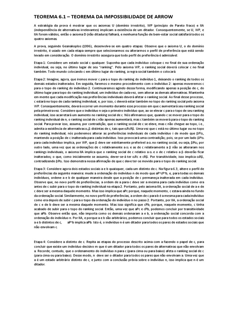 Teorema 6.1 - Teorema Da Impossibilidade de Arrow | PDF | Axioma | Teorema Teorema 6.1 - Teorema Da Impossibilidade de Arrow | PDF | Axioma | Teorema