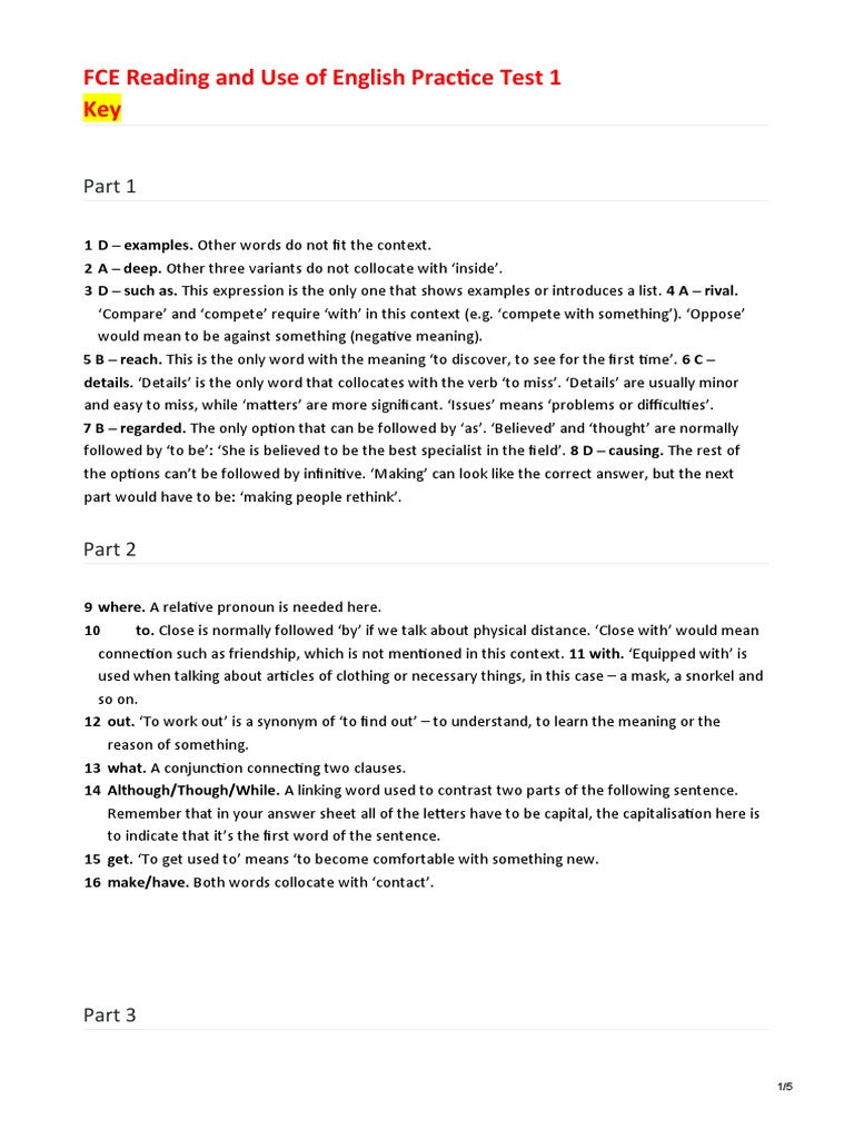 FCE Reading and Use of English Practice Test 1 - Key | PDF | Verb ...