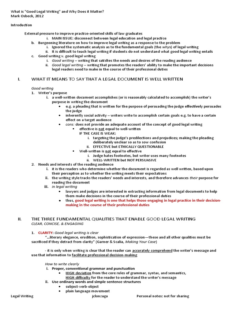 Notes On Good Legal Writing (JCL) | PDF | Plain Language | Writers