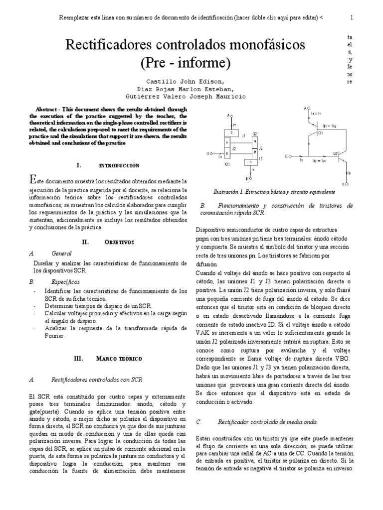 PREINFORME Rectificadores Controlados Monofásicos. | PDF | Rectificador | Electrónica