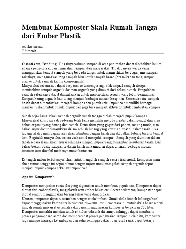 Membuat Komposter Skala Rumah Tangga Dari Ember Plastik | PDF