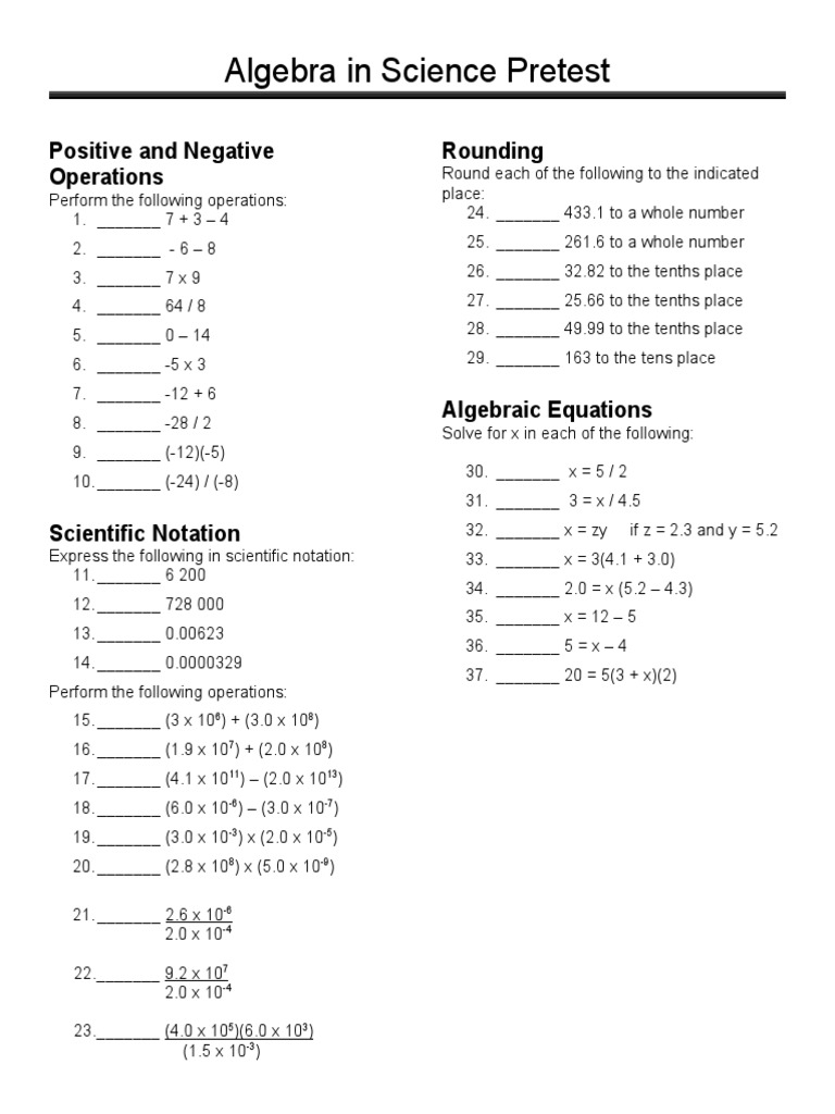 Algebra in Chemistry Pretest | PDF