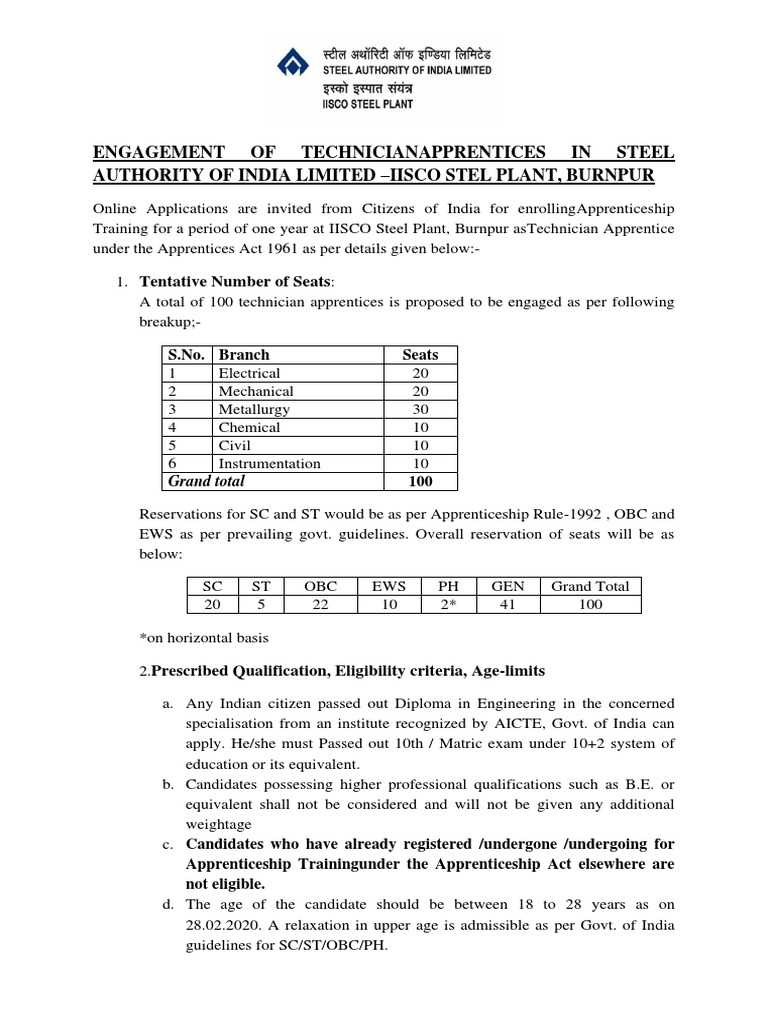 Advt Sail ISP-final PDF | PDF | Apprenticeship | Vocational Education