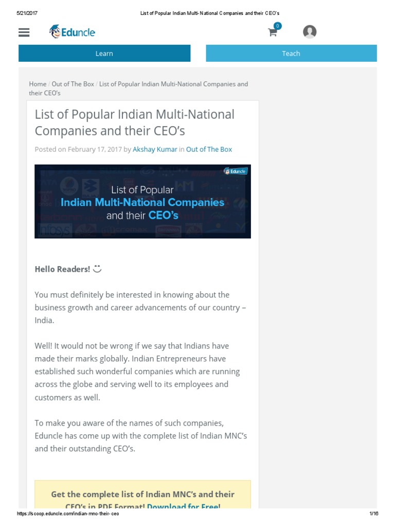 List of Popular Indian Multi-National Companies and Their CEO's PDF ...