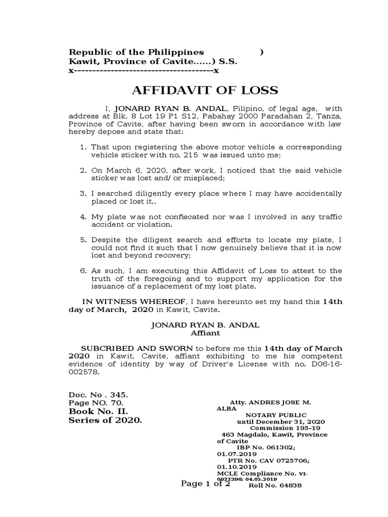 Affidavit of Loss Sticker | PDF