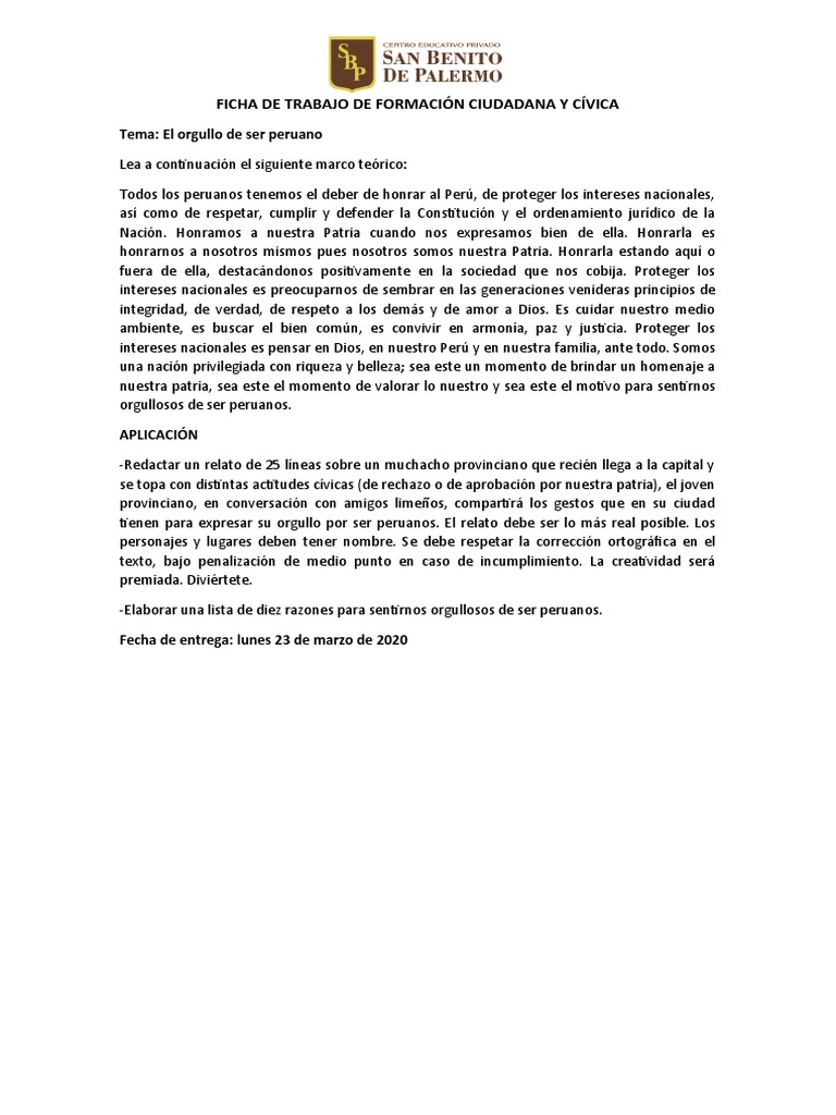 Ficha De Trabajo De Formación Ciudadana Y Cívica Cuarto Pdf