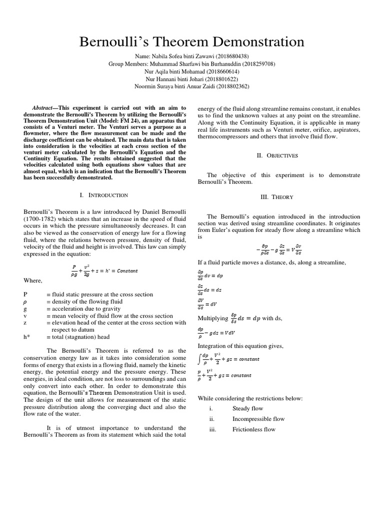 Bernoulli's Theorem Demonstration PDF | PDF | Fluid Dynamics | Flow Measurement