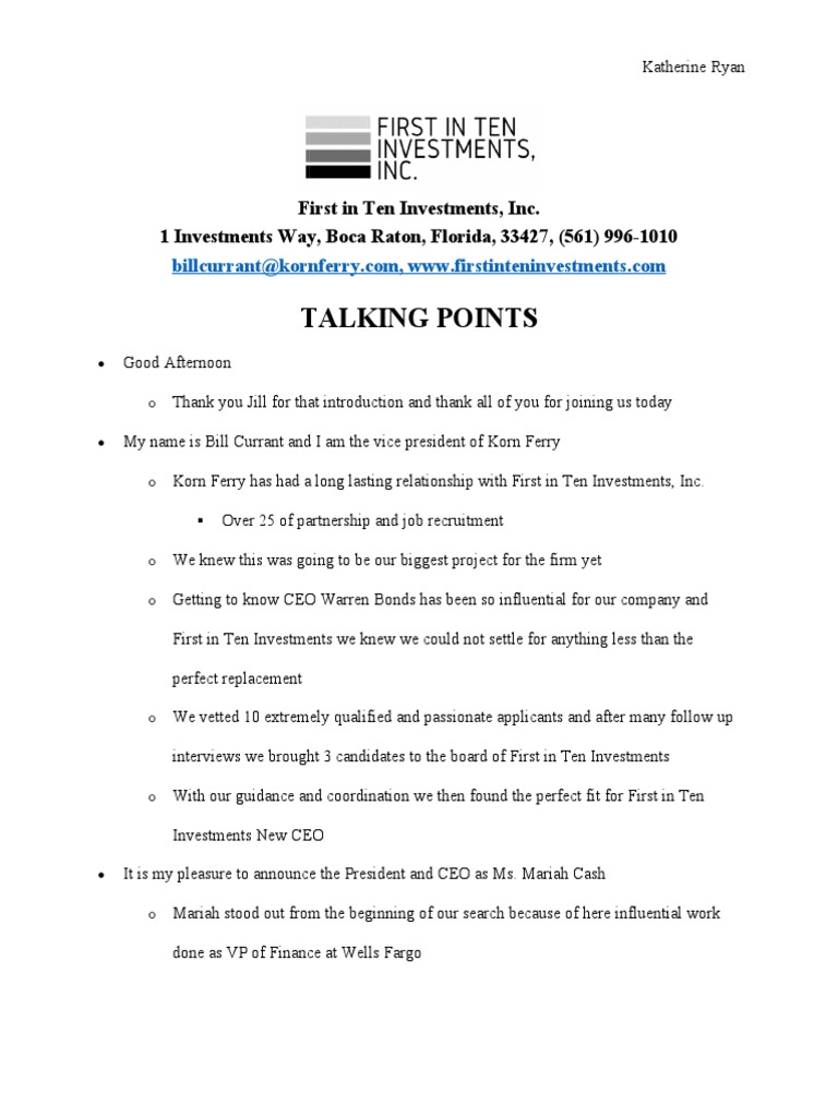Talking Points Example Writing Sample | PDF