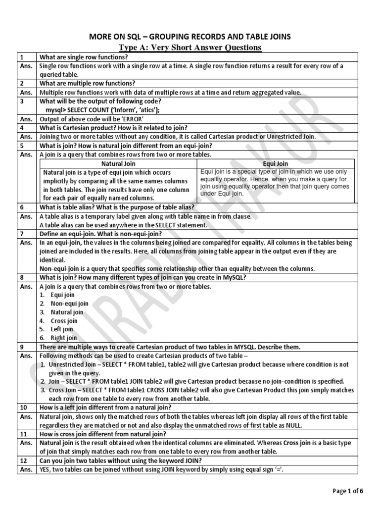 CH-15 More On SQL - Grouping Records and Table Joins PDF | PDF | Table (Database) | Computer ...