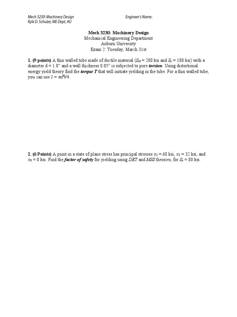 Exam 2 Machine Design Auburn University | PDF | Bending | Yield (Engineering)