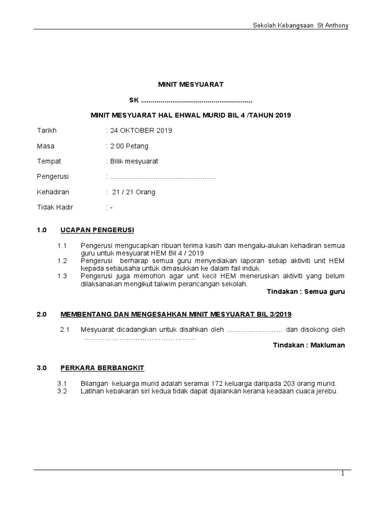 Minit Mesyuarat Hem Bil 4 2019 | PDF