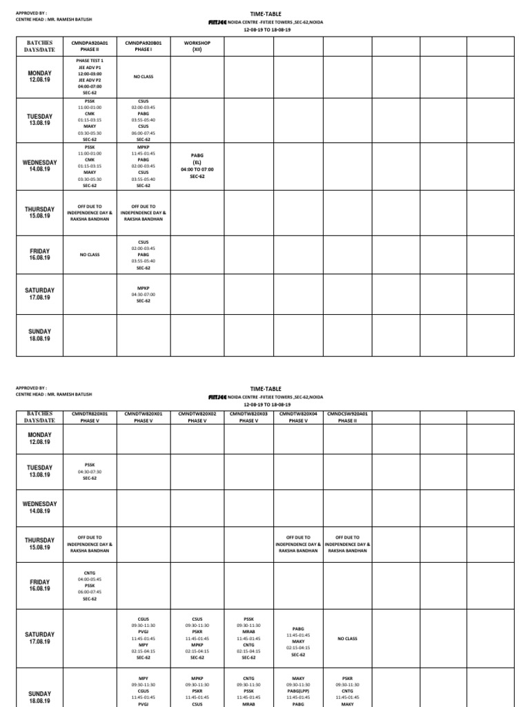 FIITJEE NOIDA TIME-TABLE 12-18 AUG 2019 | PDF