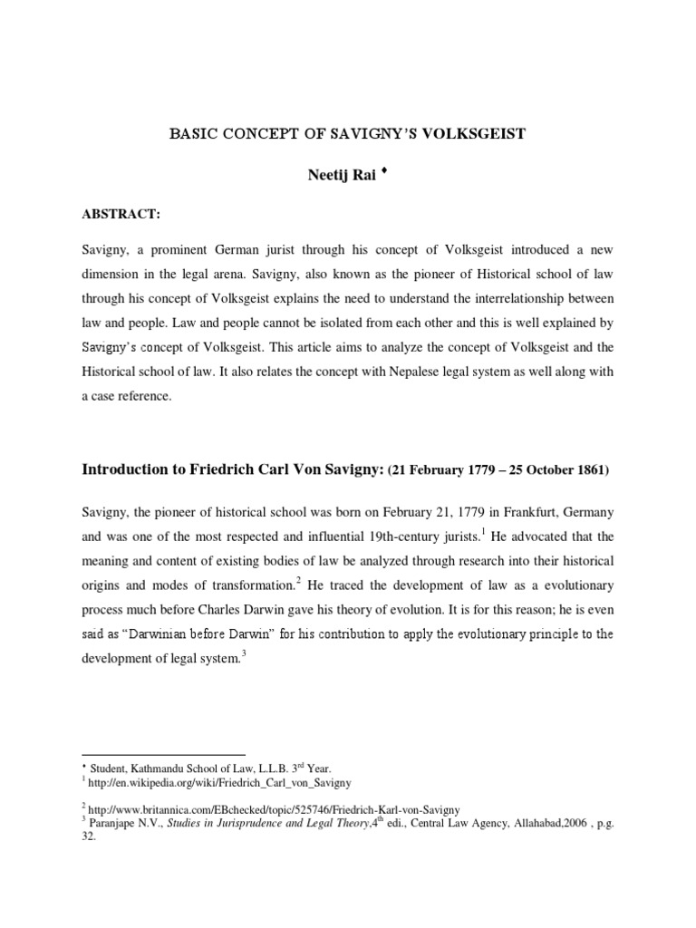 Basic Concept of Savigny S Volksgeist PDF | PDF | Jurisprudence | Philosophical Theories